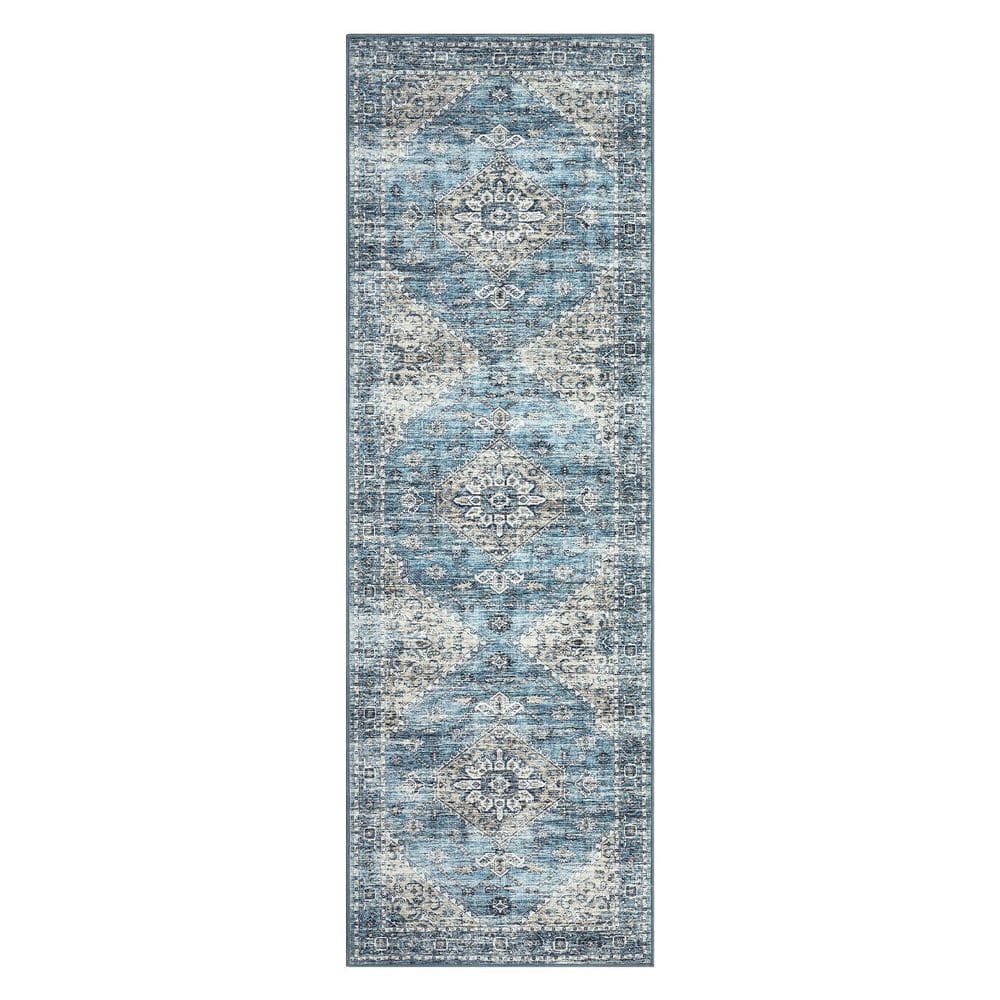 Garvee Vintage Printed Blue 2 ft. x 6 ft. Rug Distressed Floral Carpet ...