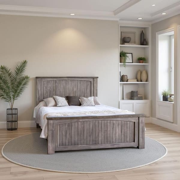 Benjara Geny Gray Brown Wood Frame Queen Size Panel Bed with Grooved ...