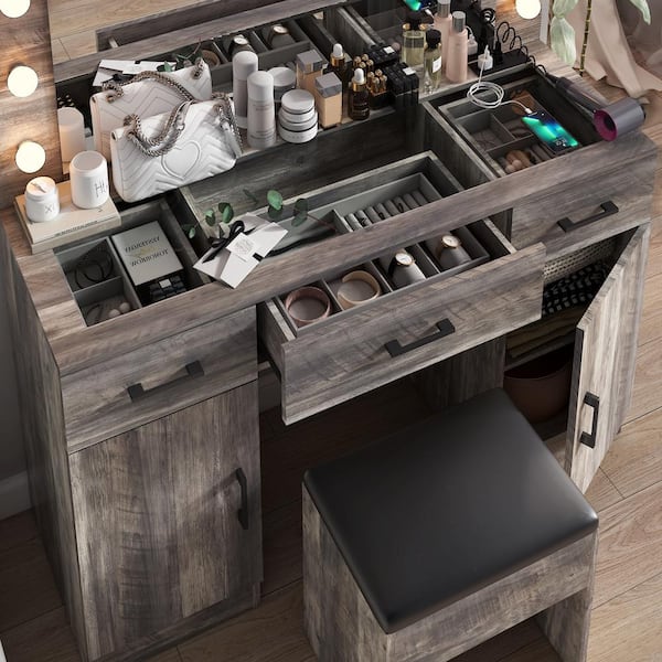 Karl home Gray Makeup Vanity Set with USB K1G52005804 The Home Depot