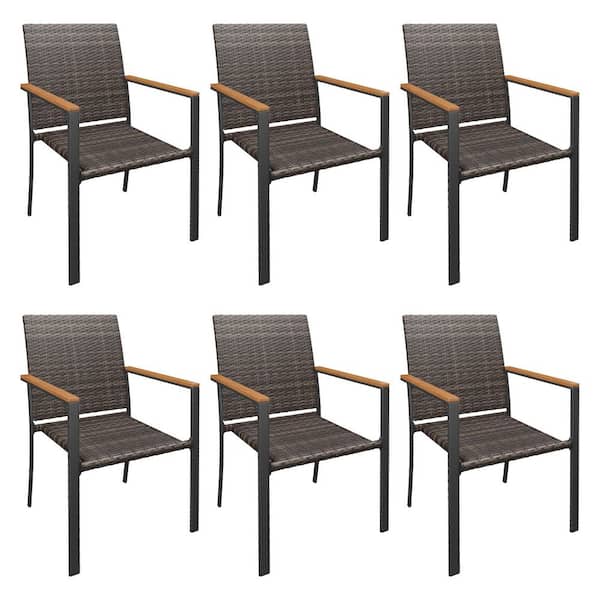 Erovio Brown Wicker Outdoor Dining Chairs Set of 6, Stackable Rattan ...
