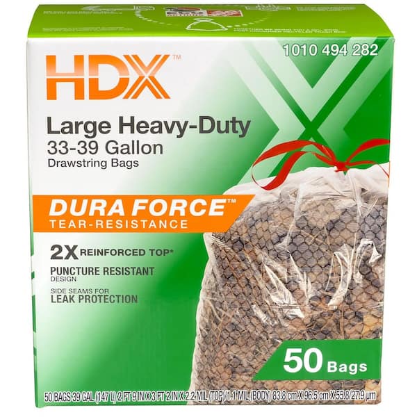 HDX 33-39 Gal. Large Heavy Duty Drawstring Clear Trash Bags with 20% ...