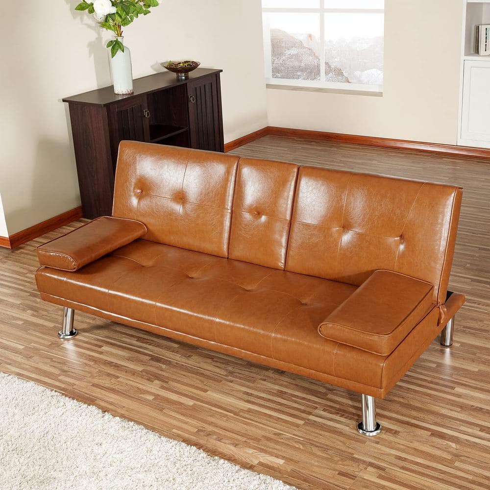 MAYKOOSH Caramel Faux Leather Futon Sofa Bed with Armrest and 2-Cup ...