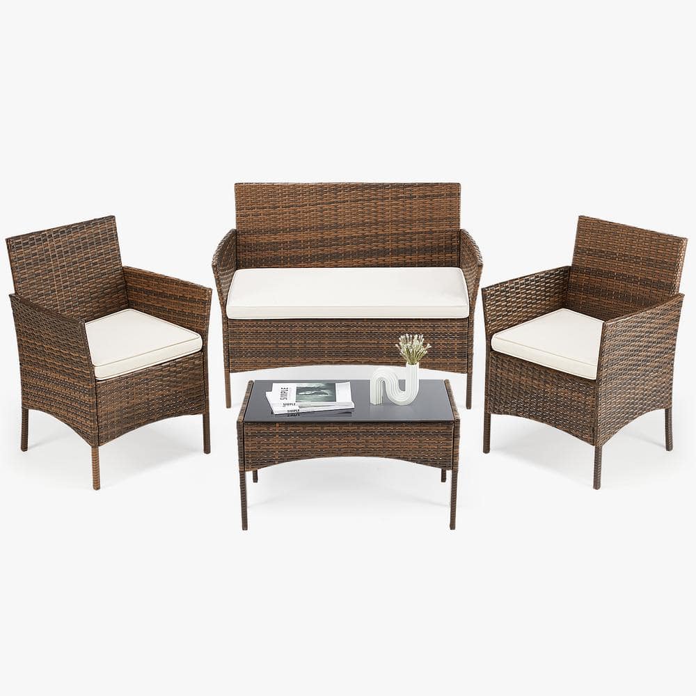 Firnewst Brown 4 Piece Outdoor Sofa Set Patio Rattan Wicker