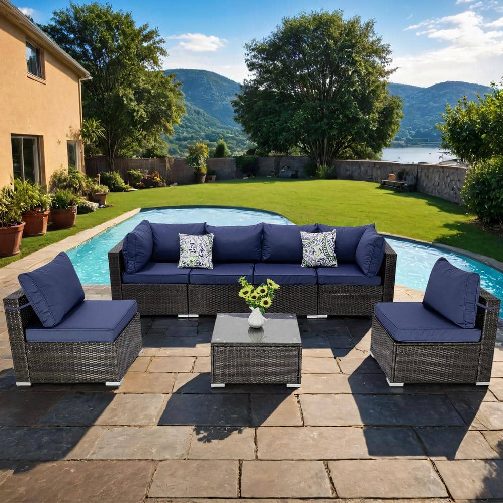 Runesay Wicker Outdoor Sectional Set with Dark Blue Cushions (7 Set ...