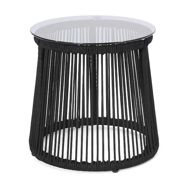 1-PC Black Metal Outdoor Drum-Shaped Outdoor Side Table with Hand ...