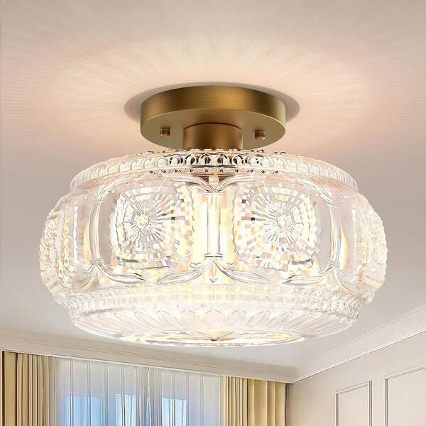 11 in. 1-Light Gold Semi Flush Mount Ceiling Light with Crystal Glass ...