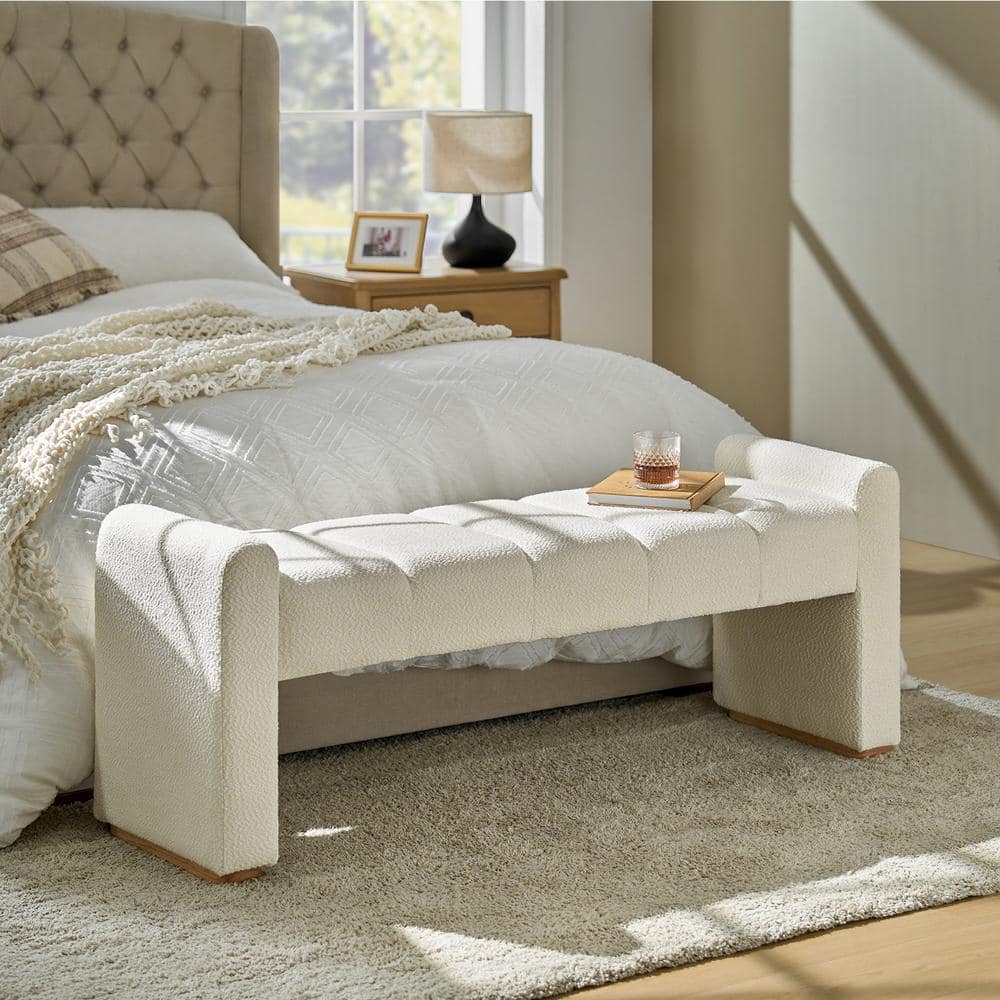 JAYDEN CREATION Elisa White Modern Upholstered Bedroom Bench with Solid ...