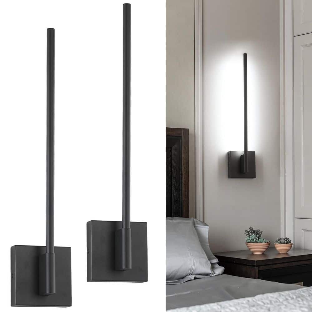 JUSHENG 22 in. 1-Light Black Hardwire Dimmable LED Wall Sconce, 2-Pack ...