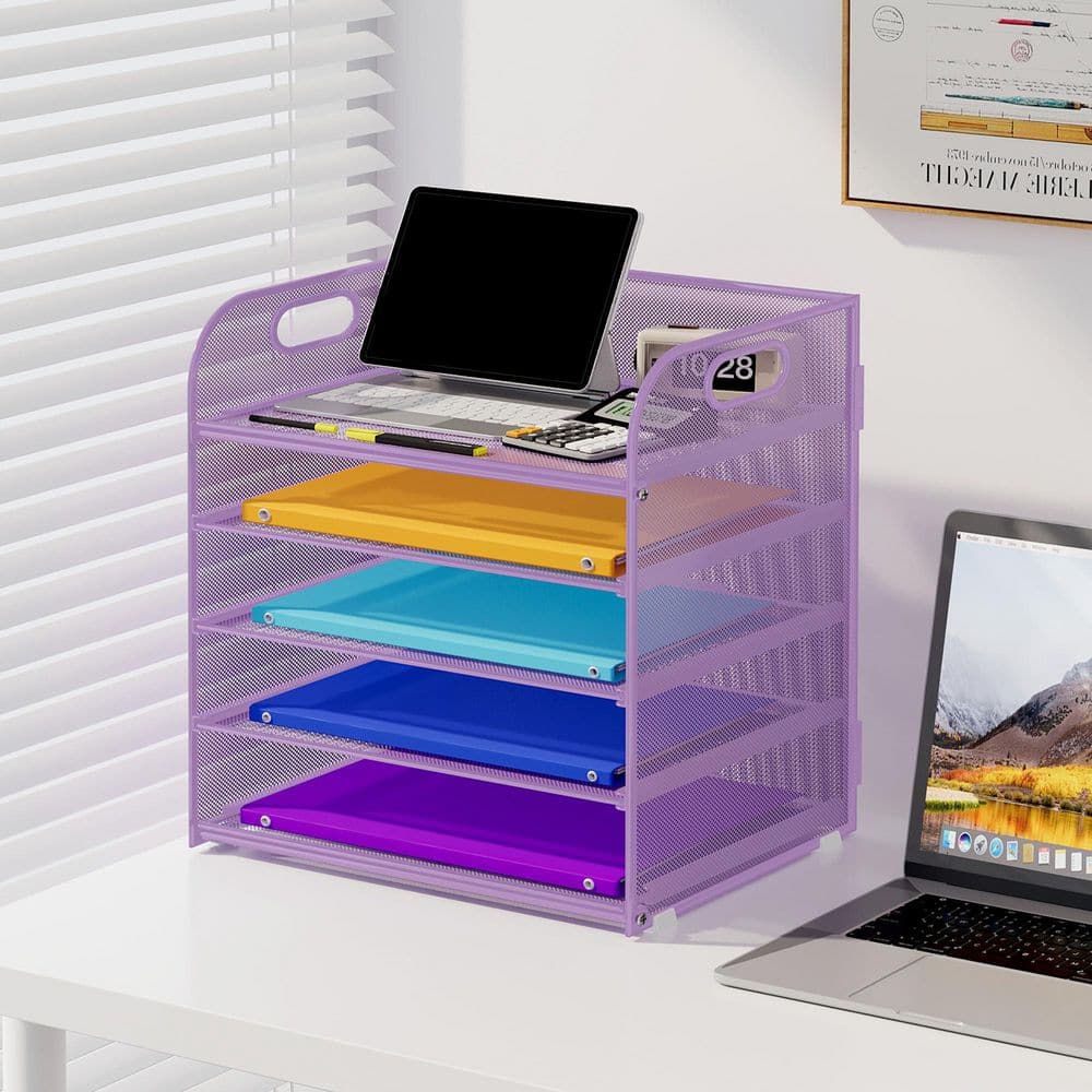 13.5 in. x 12.6 in. 5 Tier Paper Organizer with Handle, Metal Mesh Desk ...