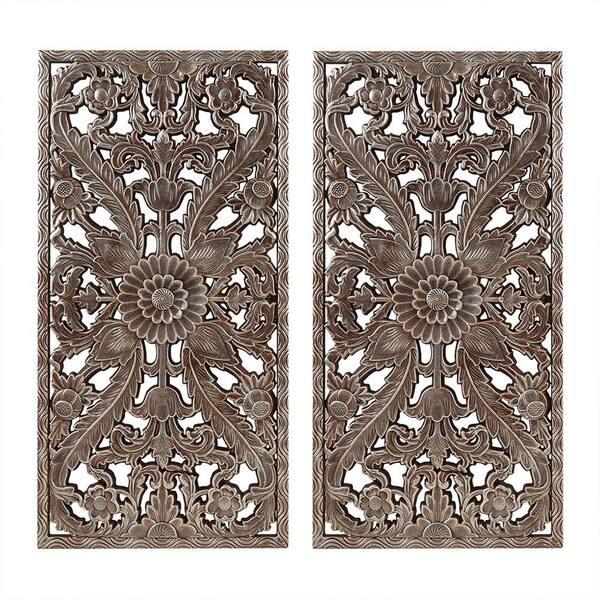 Brown Distressed Carved Lotus Flower Pattern Dimensional Wood Wall Art ...