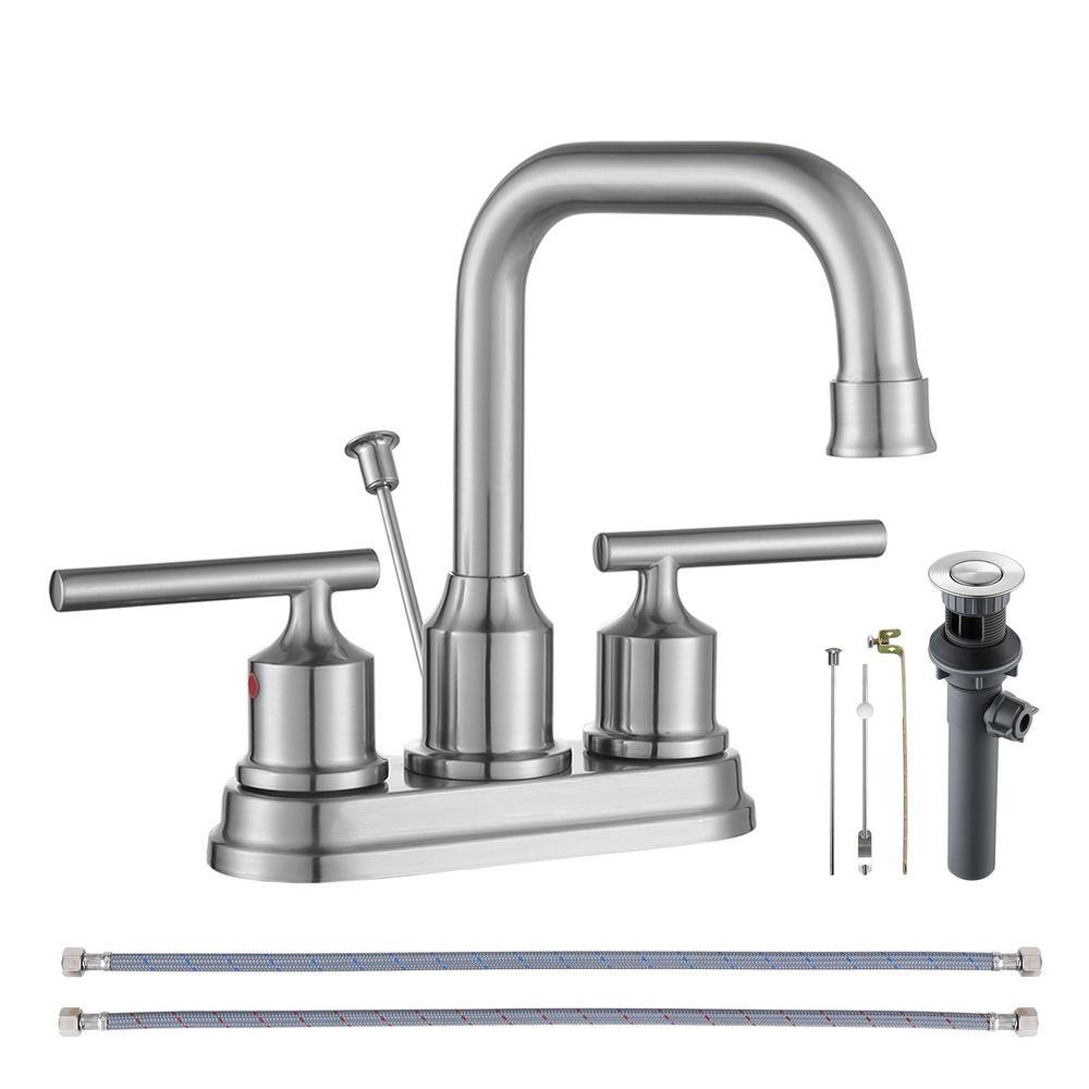 ARCORA 4 in. Centerset Double Handle High Arc Bathroom Faucet with Drain Kit Included in Brushed ...