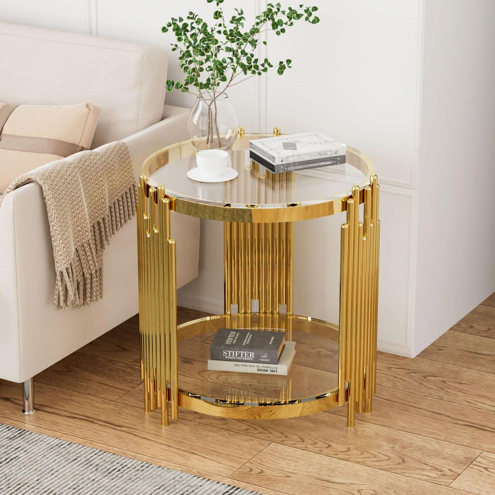 Seafuloy 20 in. Clear Round Glass Coffee Table with Tempered Glass&Gold Legs, 2-Tier Stainless ...