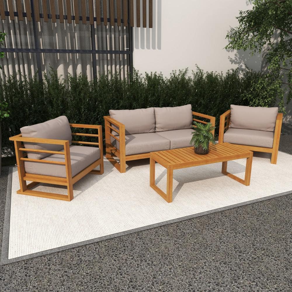 Litton Lane Brown 4 -Piece Teak Wood Outdoor Seating Set with Cushions ...