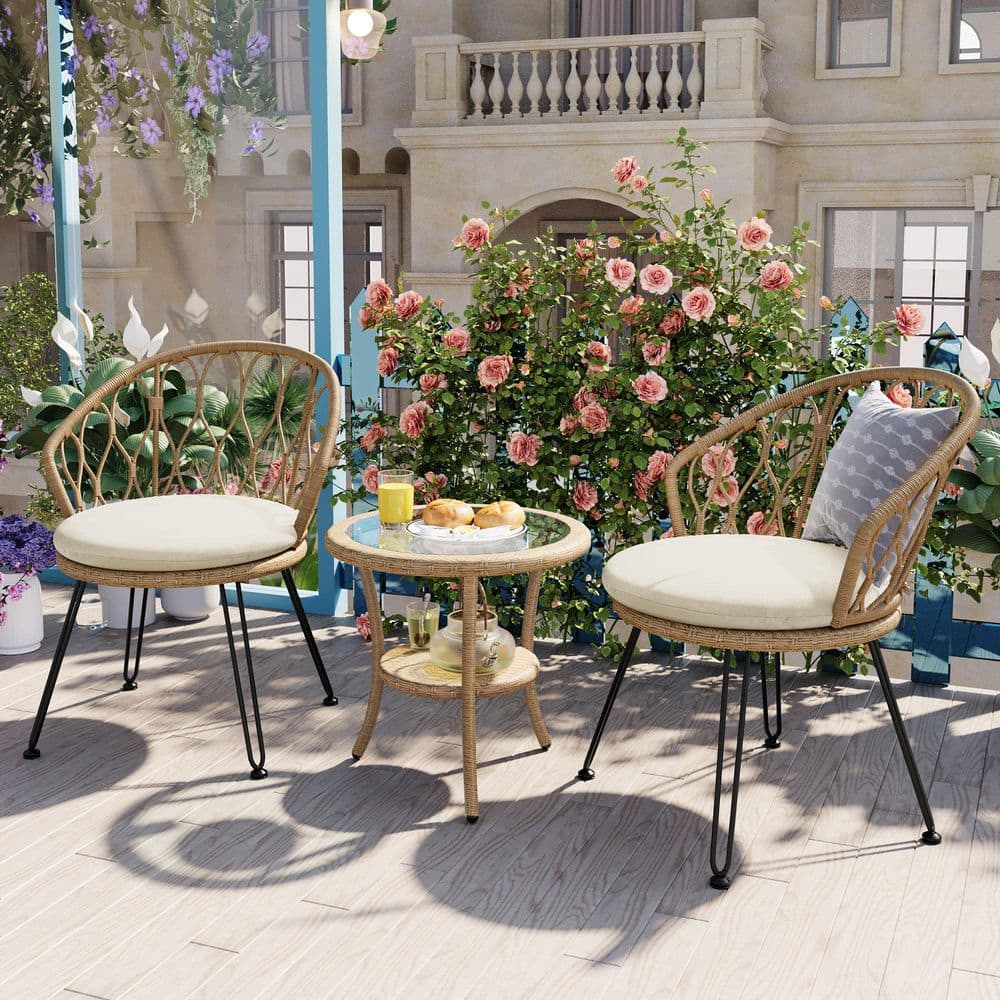 3-Piece Metal Conversation Set with Beige Cushions, Outdoor Leisure Set ...
