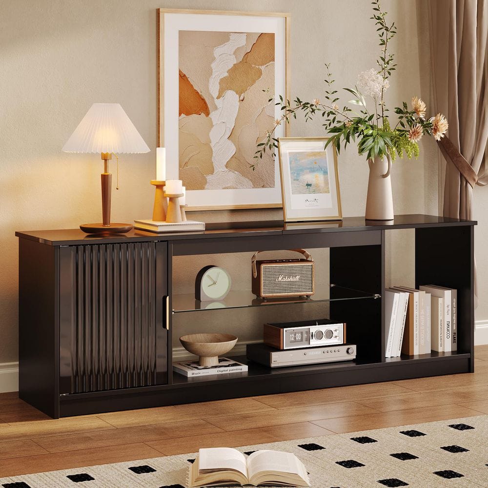 Bestier 57 in. Fluted Glossy Black TV Stand Fits TV Up to 65 in. LED ...