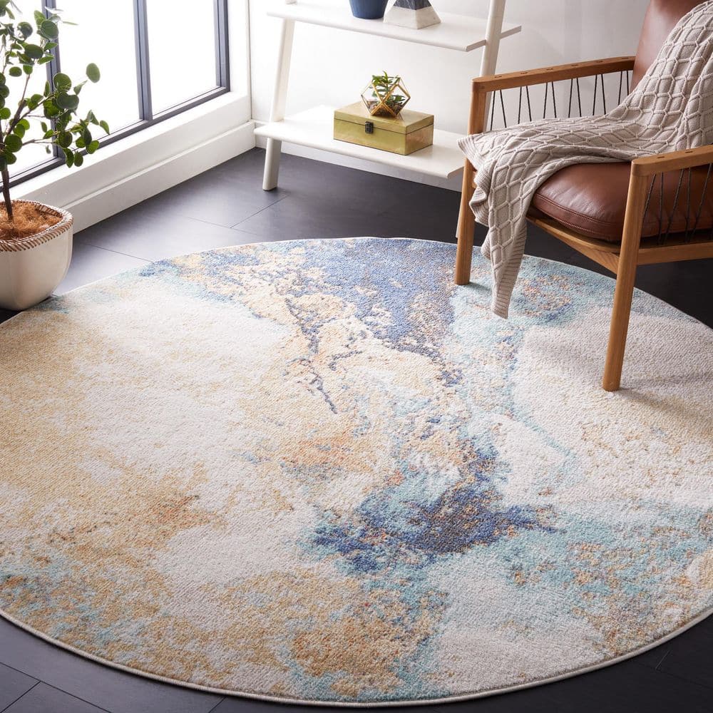 SAFAVIEH Phoenix 7 ft. x 7 ft. Blue Marble Ikat Round Area Rug PHX533M ...