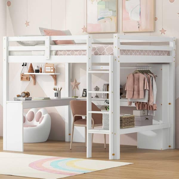 Polibi White Full Size Wood Loft Bed with L-shaped Desk, Wardrobe and Storage Shelves RD14 ...