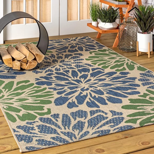 JONATHAN Y Zinnia Modern Floral Navy Green 3 ft. 11 in. x 6 ft. Textured Weave Indoor Outdoor Area Rug SMB110B 4