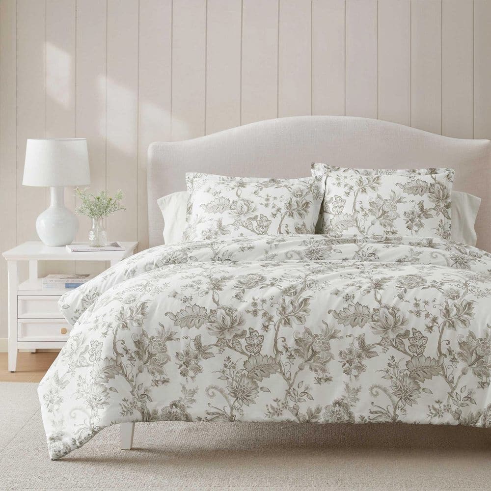 MARTHA STEWART Avery Floral 3-Piece Moonlight Grey Cotton Sateen King ...