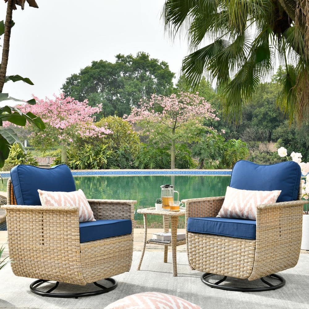 XIZZI Paradise Cove 3-Piece Wicker Outdoor Rocking Chair Set with Navy ...