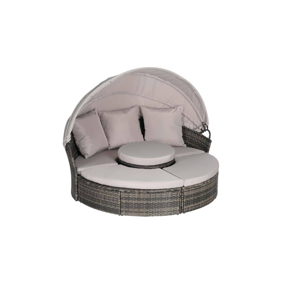 5-Piece Wicker Outdoor Patio Round Day Bed with Retractable Canopy and ...