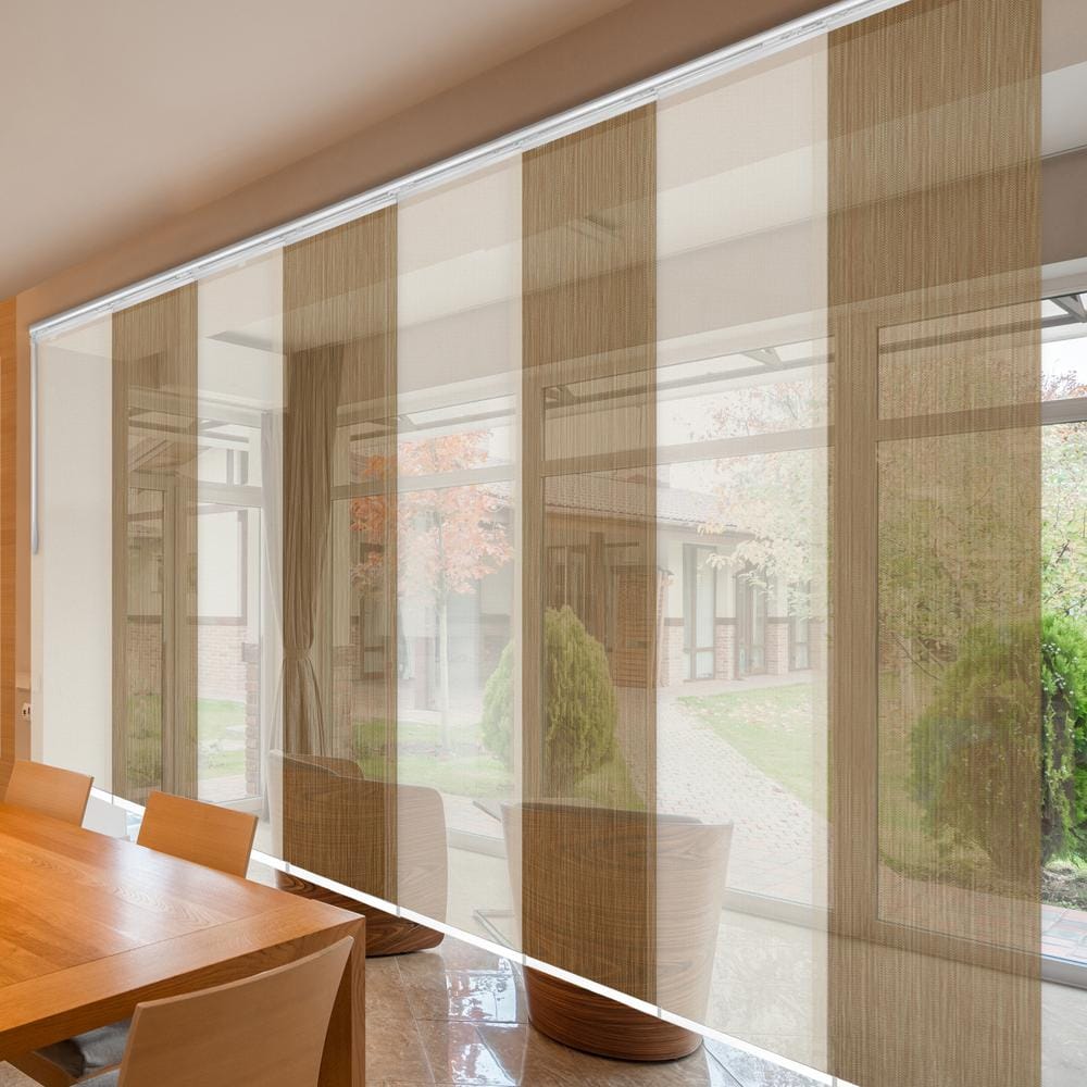 EMOH Cacao 130 in. - 175 in. W x 94 in. L Adjustable 8- Panel Satin Nickel Double Rail Panel ...