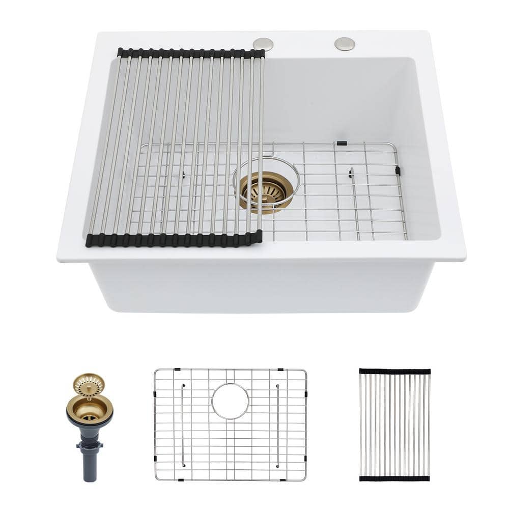 Sarlai 25 in. Drop-In/Topmount Deep Single Bowl Sink White Quartz ...