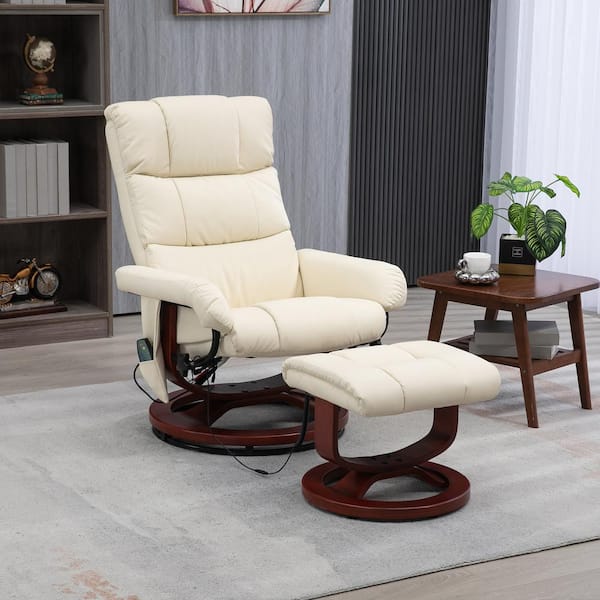 Cream White Faux Leather Massage Chair with Ottoman and Swivel