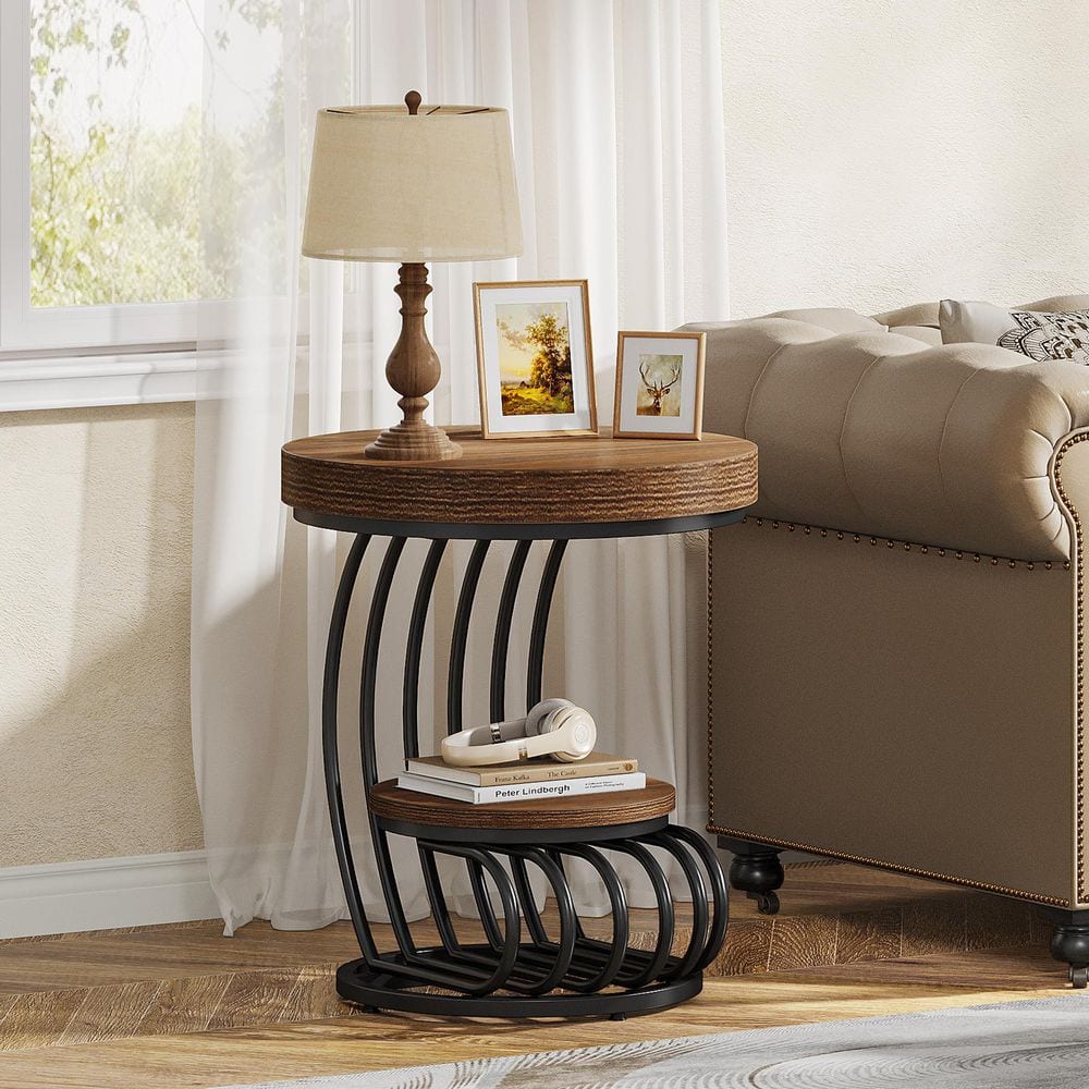 BYBLIGHT Kerlin 19.68 in. Light Brown Round Wood End Side Tables Living ...