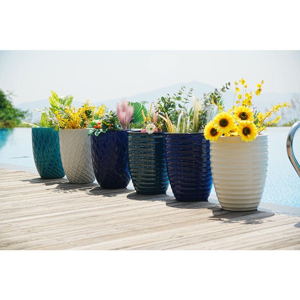 GOGEXX 21.26 in. Round Dark Blue Ceramic Flower Pot with Drainage Hole ...