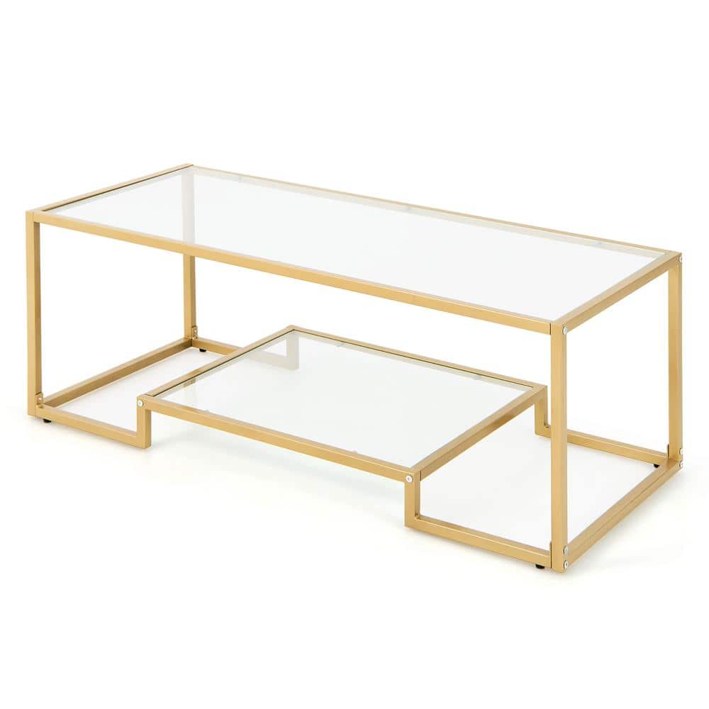 Costway 45 in. Rectangular Tempered Glass Accent Table W/ Shelf Living ...