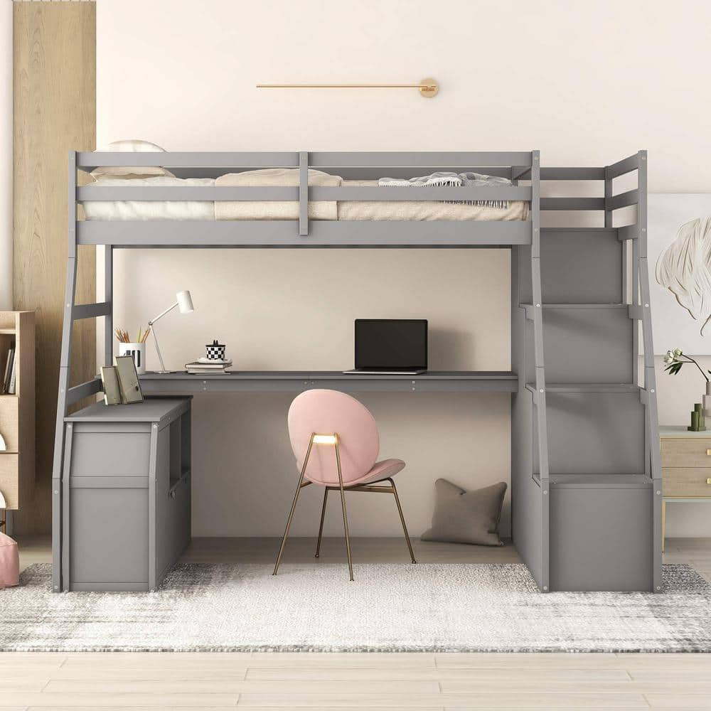 Polibi Twin Size Loft Bed with 7 Drawers 2 Shelves and Desk-Gray RS-24240AAET - The Home Depot