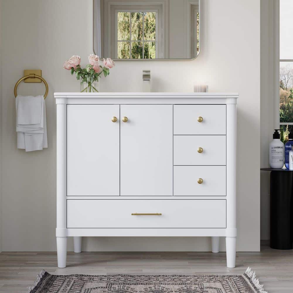 ANGELES HOME 36 in. Rubber Wood Frame White Bath Vanity with Durable ...