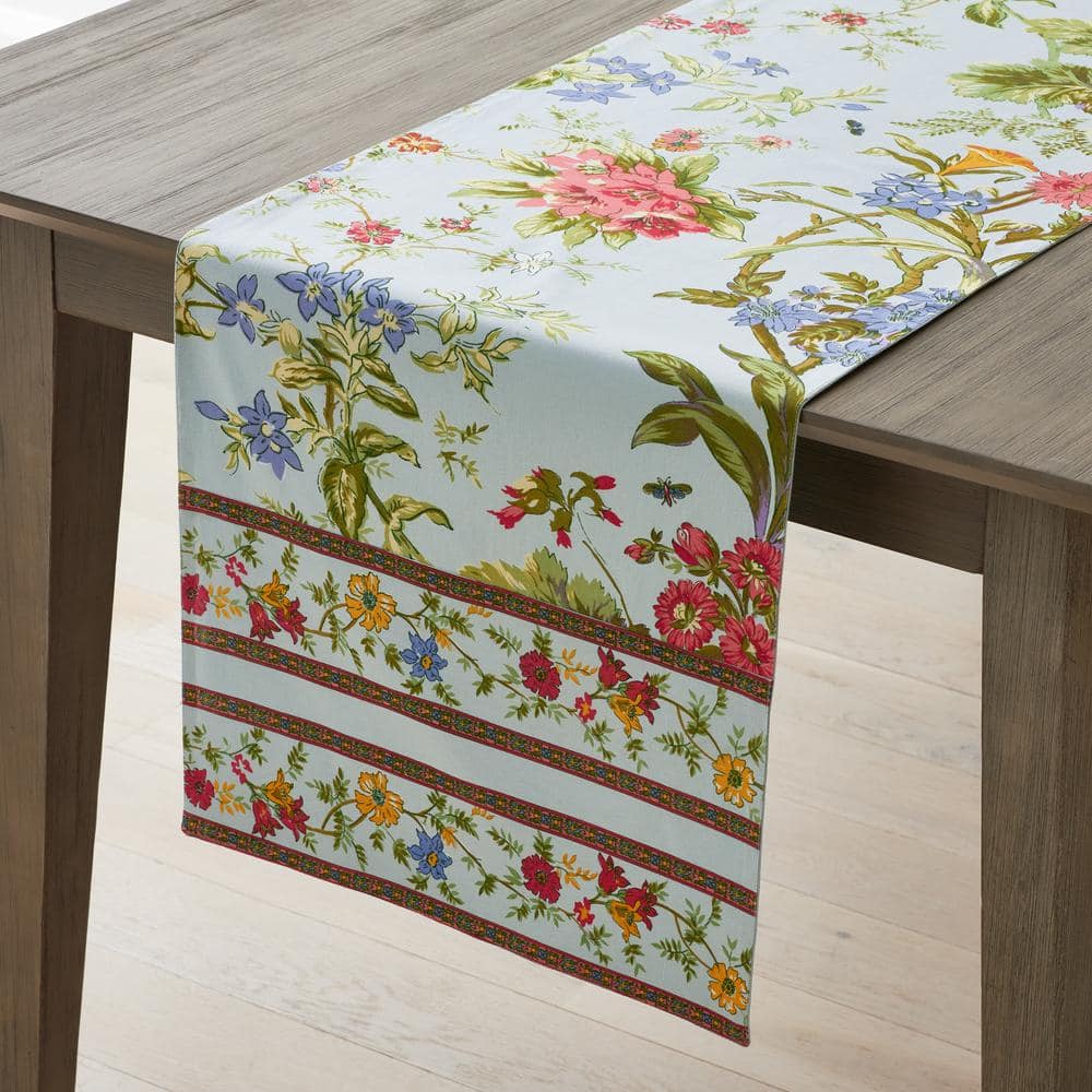 The Company Store Floral Vine 16 in. x 90 in. Aqua Multi Cotton Table Runner 80044B-16X90-AQUA ...