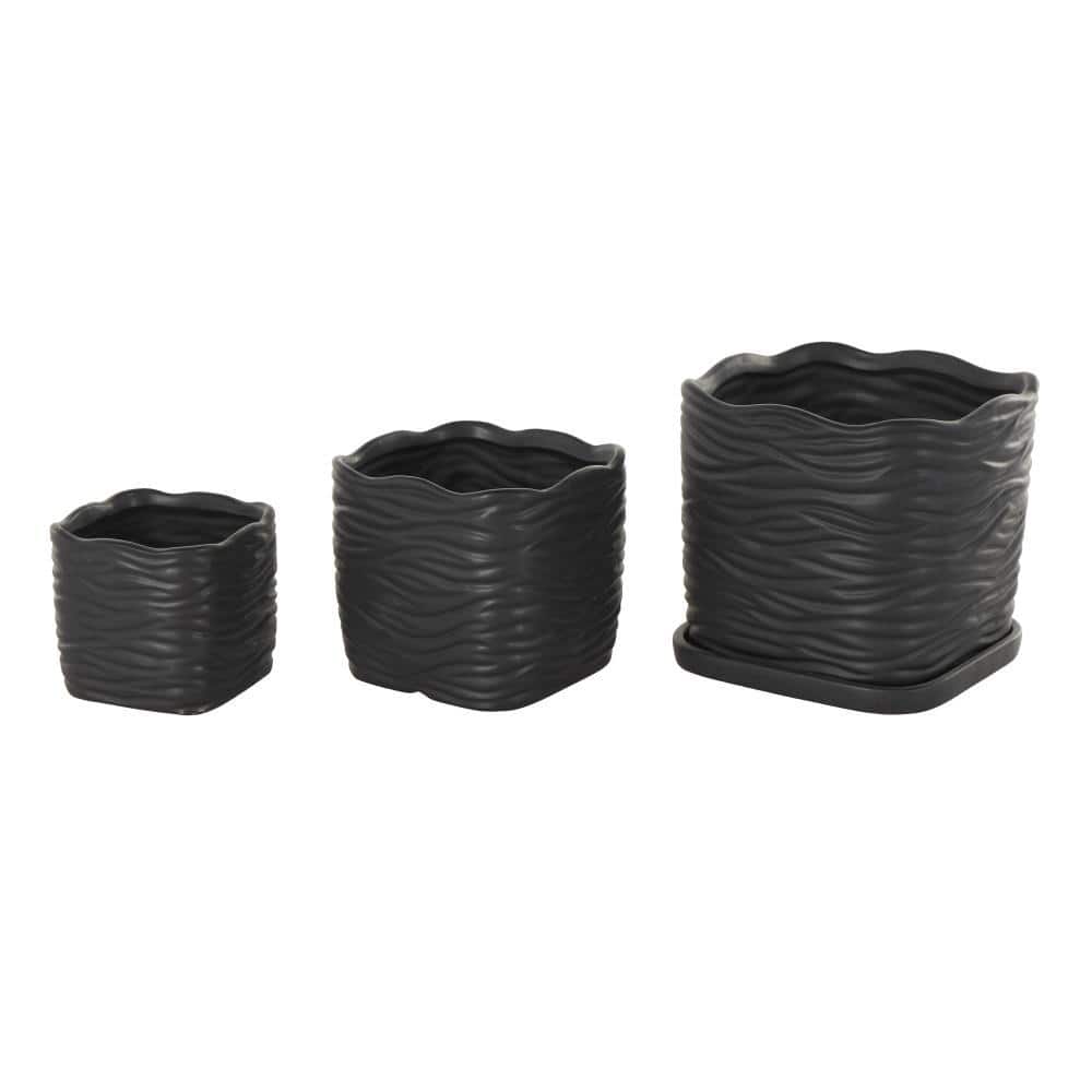 Litton Lane 7 in. 6 in. and 5 in. Small Black Ceramic Wavy Ribbed ...