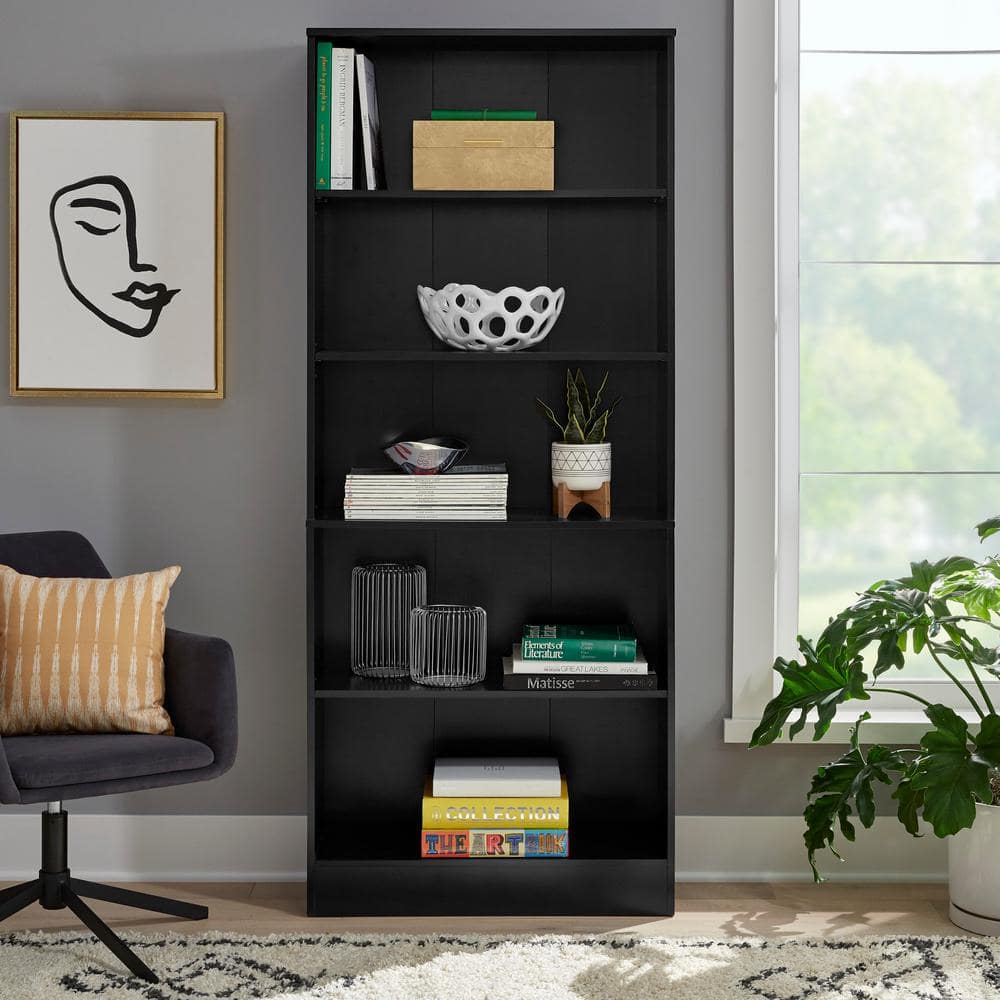 StyleWell 71 in. Black 5-Shelf Basic Bookcase with Adjustable Shelves ...
