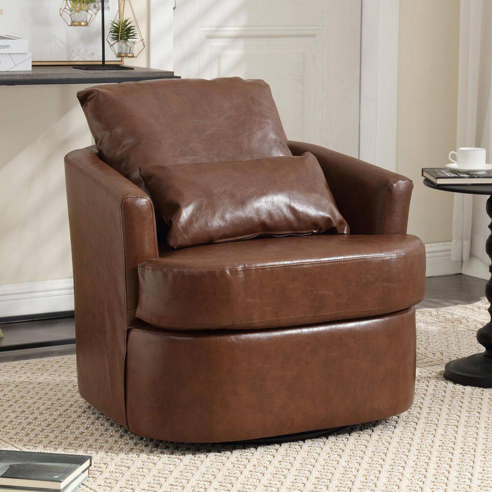 HOMEFUN 33 in. Brown PU Leather Modern Round Accent Sofa Chair with 360 ...