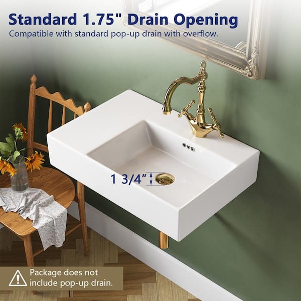 DEERVALLEY 23.4 in. x 16.5 in. Ceramic Rectangular Wall Mount Sink Wall Hung Bathroom Vessel Sink in White with Overflow Holes DV 1WS0126R The Home Depot