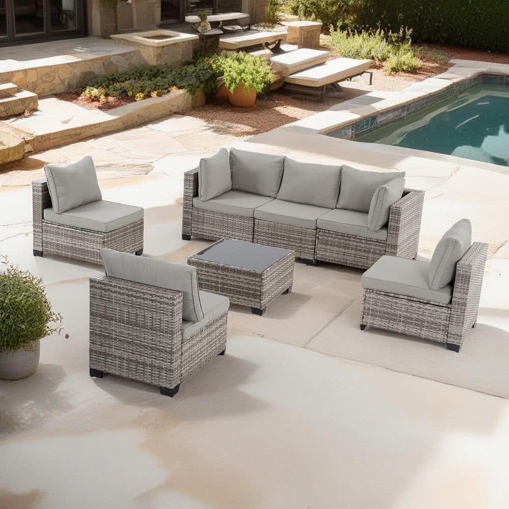 MIRAFIT Gray 7-Piece Wicker Outdoor Sectional Set with Cushion Guard ...