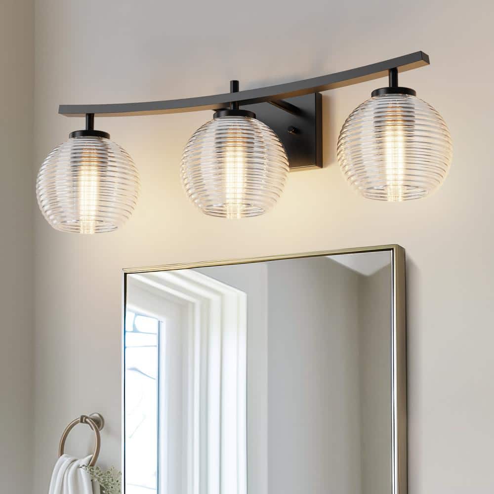 YANSUN 25 in. 3-Light Black Vanity Light with Clear Globe Glass Shades ...
