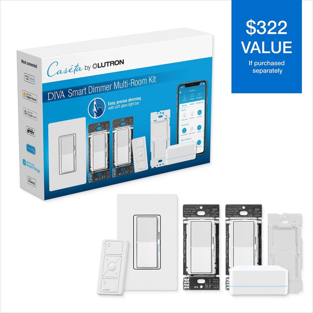 Lutron Diva Smart Dimmer Multi-Room Kit for Caseta Smart Lighting, with Smart Hub + Pico Remote ...