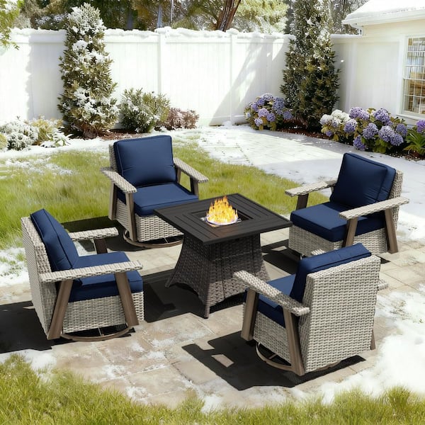 Esunny 5-Piece Wicker Outdoor Patio Fire Pit Conversation Set with Dark Blue Cushions 4 Swivel ...
