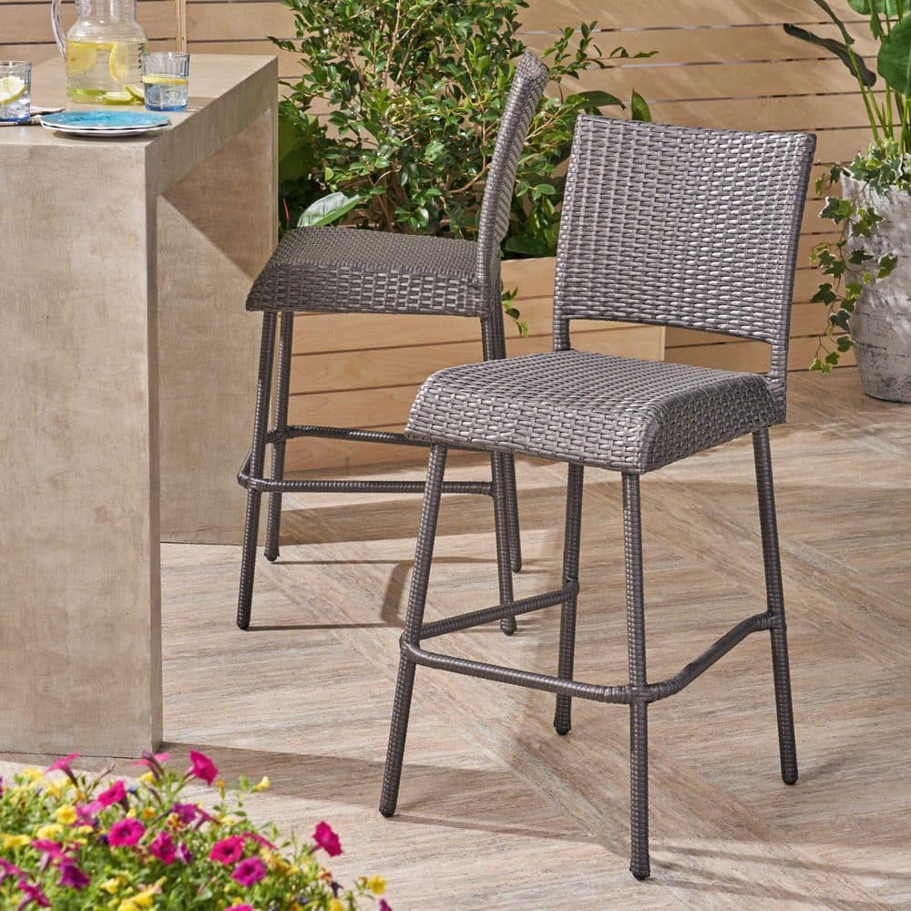 Gray Wicker Outdoor Bar Stool, Patio Bar Height Bistro Chairs(2-Pack ...