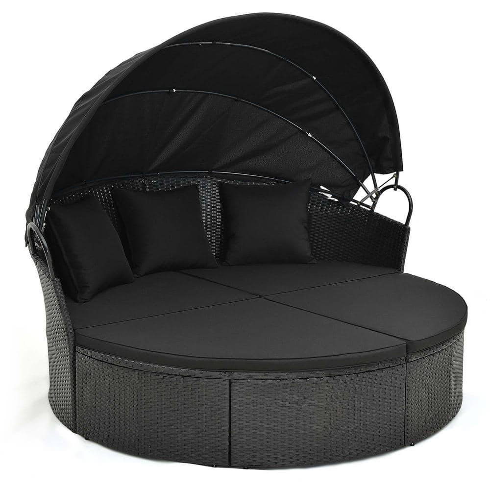 Costway Wicker Patio Round Daybed Outdoor Day Bed with Retractable ...