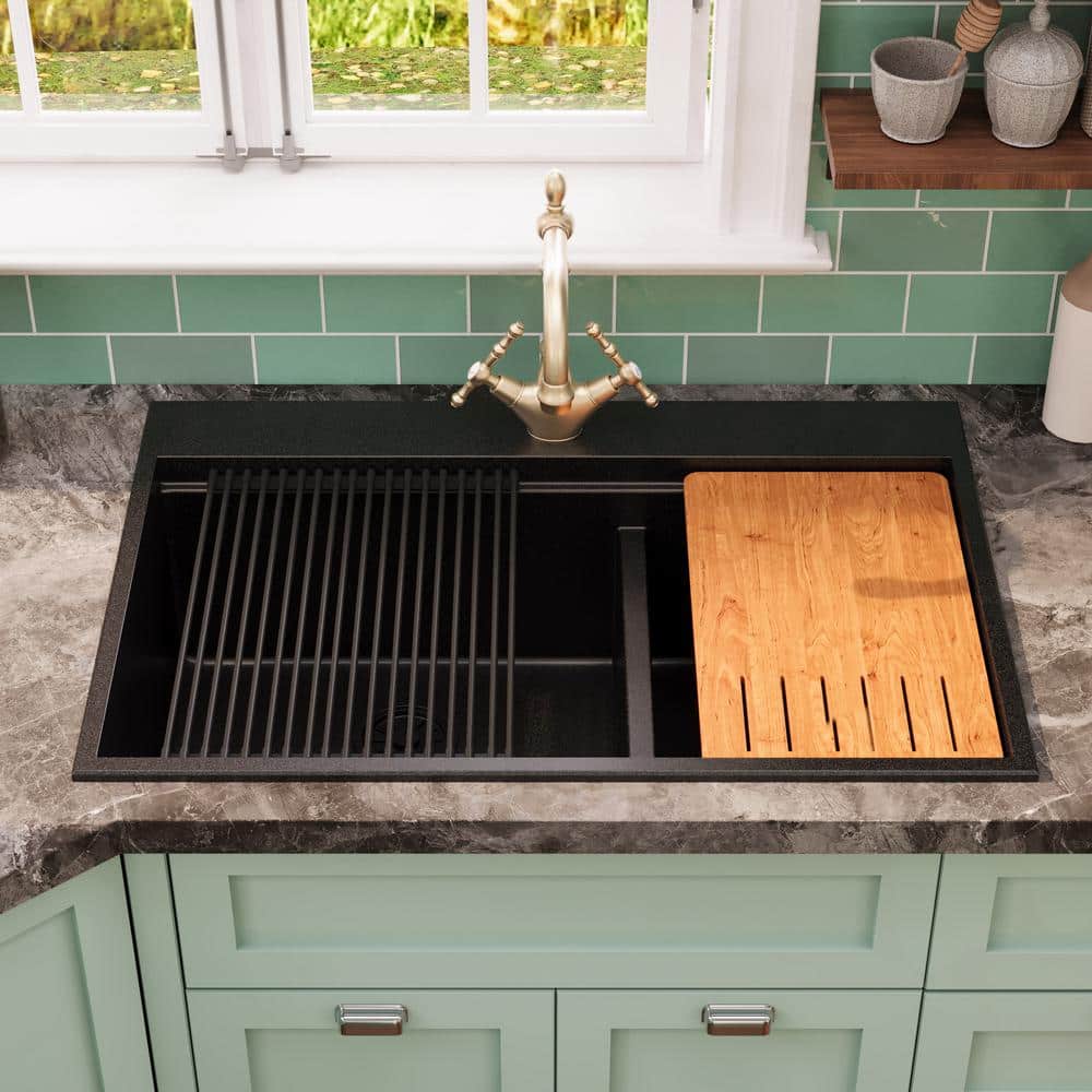 DEERVALLEY Workstation 33 in. 1-Hole Drop-In Quartz Composite 60/40 ...