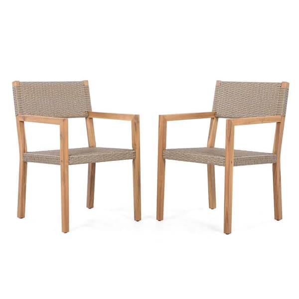 Wood Outdoor Dining Chairs Set of 2 with Handwoven PE Wicker Seats ...