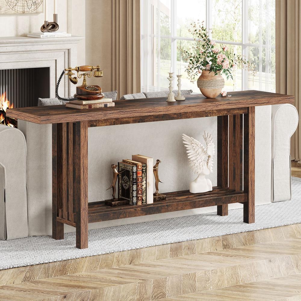 BYBLIGHT Turrella 66.9 in. Rustic Brown 2-Tier Console Tables ...