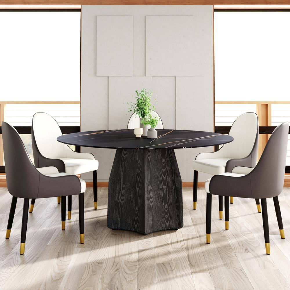 Magic Home 59 in. Black Round Sintered Stone Tabletop Black Pedestal ...