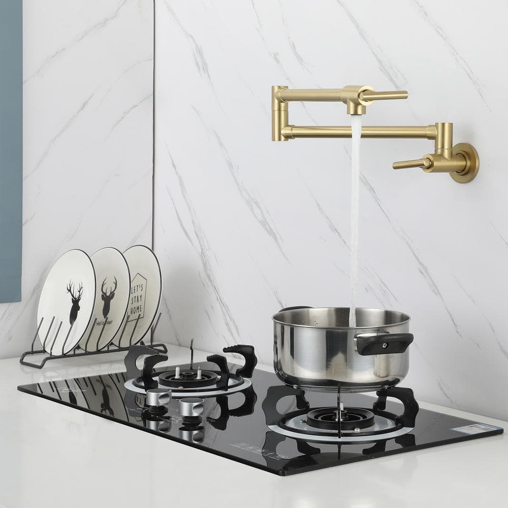 Staykiwi Wall Mounted Pot Filler with Cross Handle in Brushed Gold ...