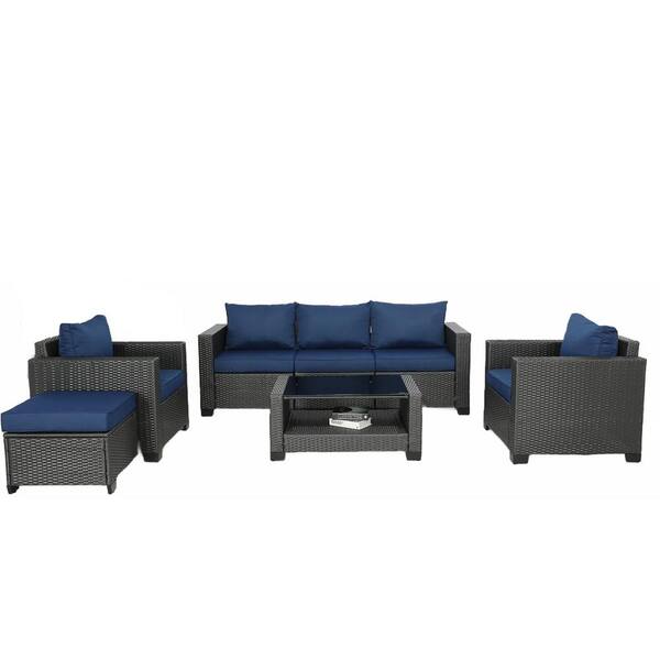 Black Frame 7-Piece Wicker Outdoor Sofa Sectional Set with Dark Blue ...